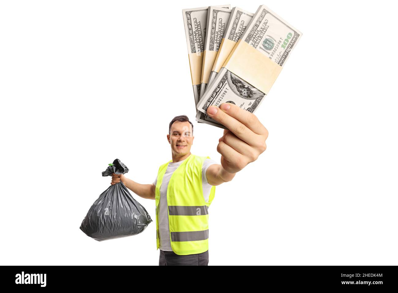 Waste collector holding a bin bag and stacks of money isolated on white ...