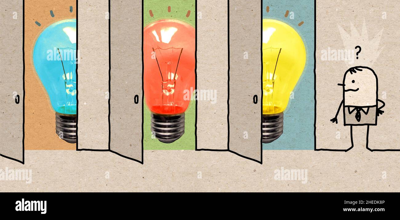 hand drawn Cartoon businessman hesitating front of three different ...