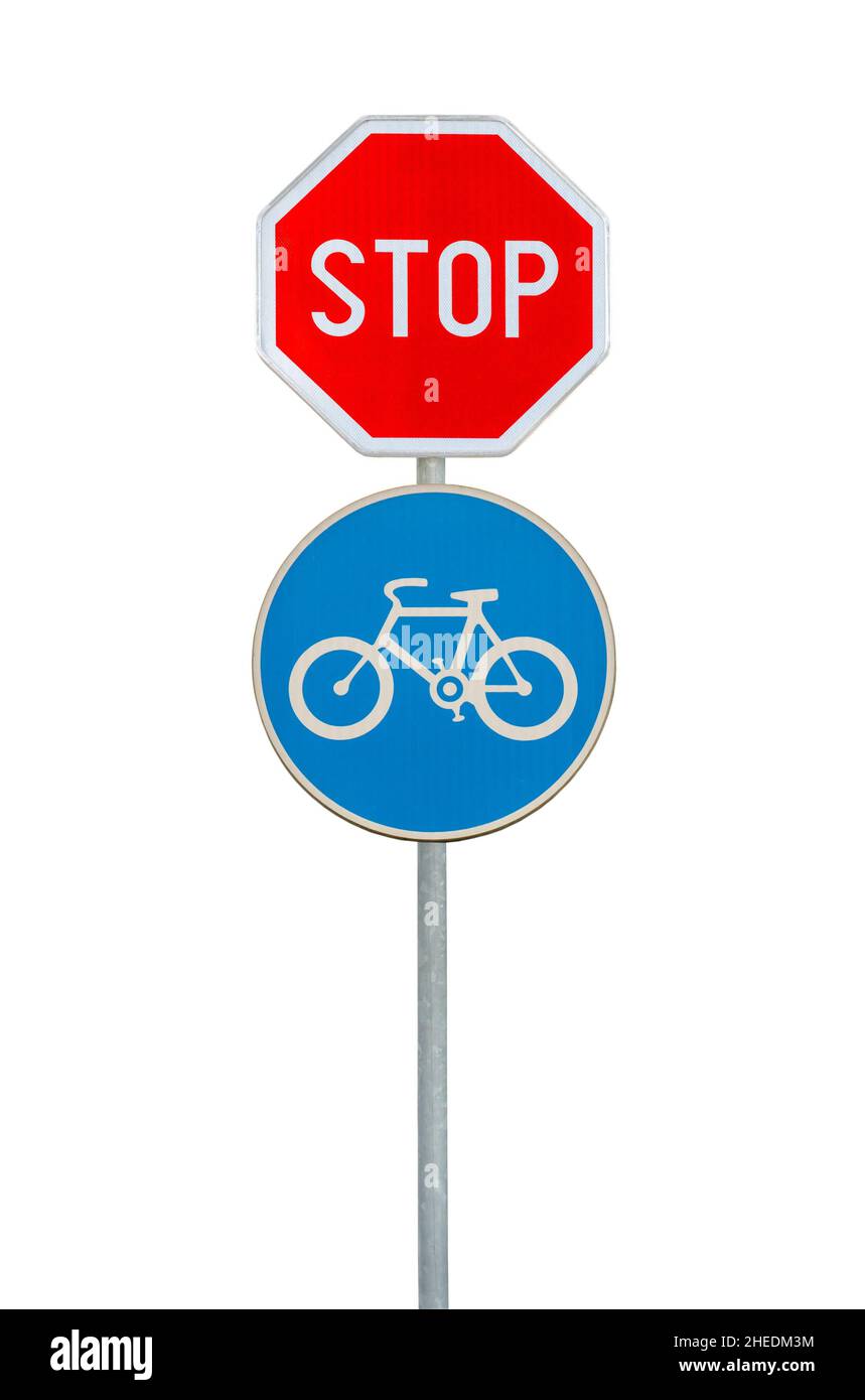 Road sign for a bicycle lane and stop sign isolated on white Stock ...