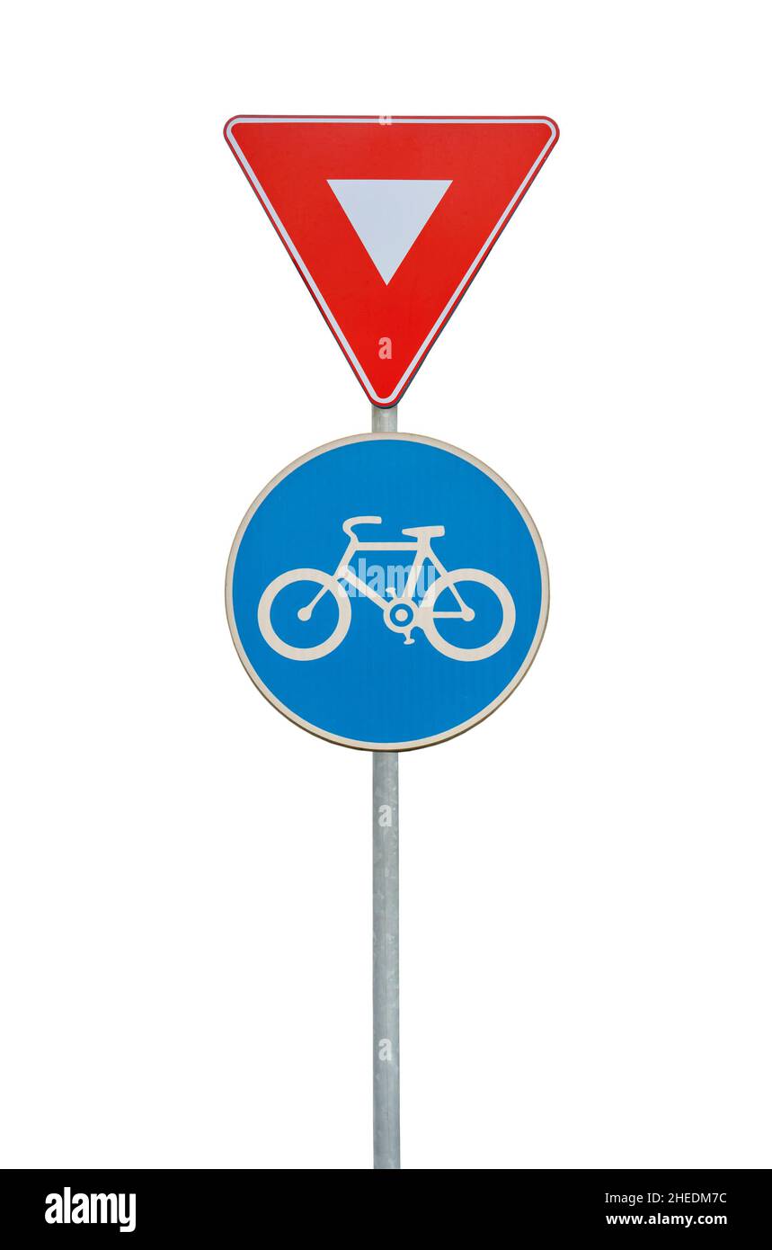 Road sign for a bicycle lane and triangle isolated on white Stock Photo ...
