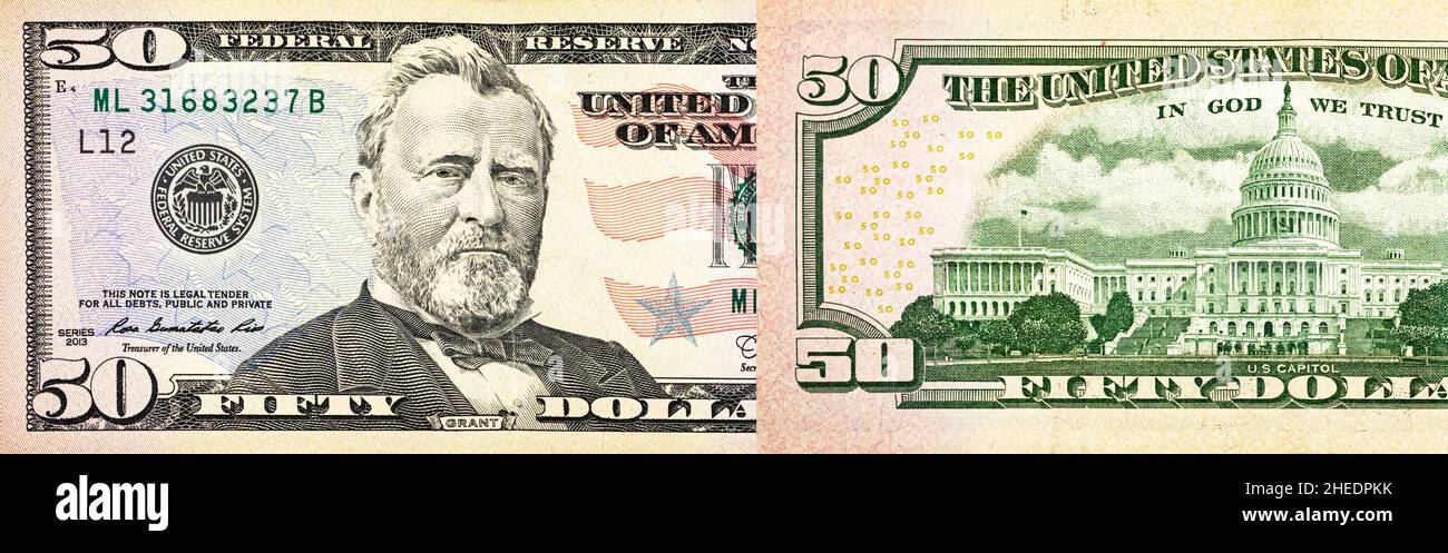 50 dollar bill, two sides background, banner photo. USA money, American ...