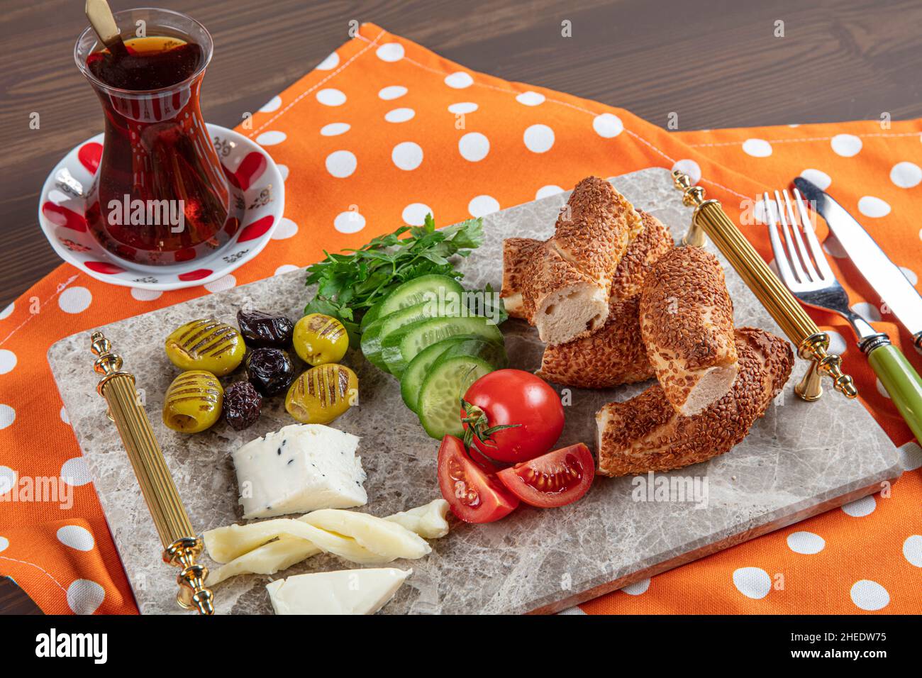 Traditional Turkish breakfast with feta cheese, vegetables, olives ...