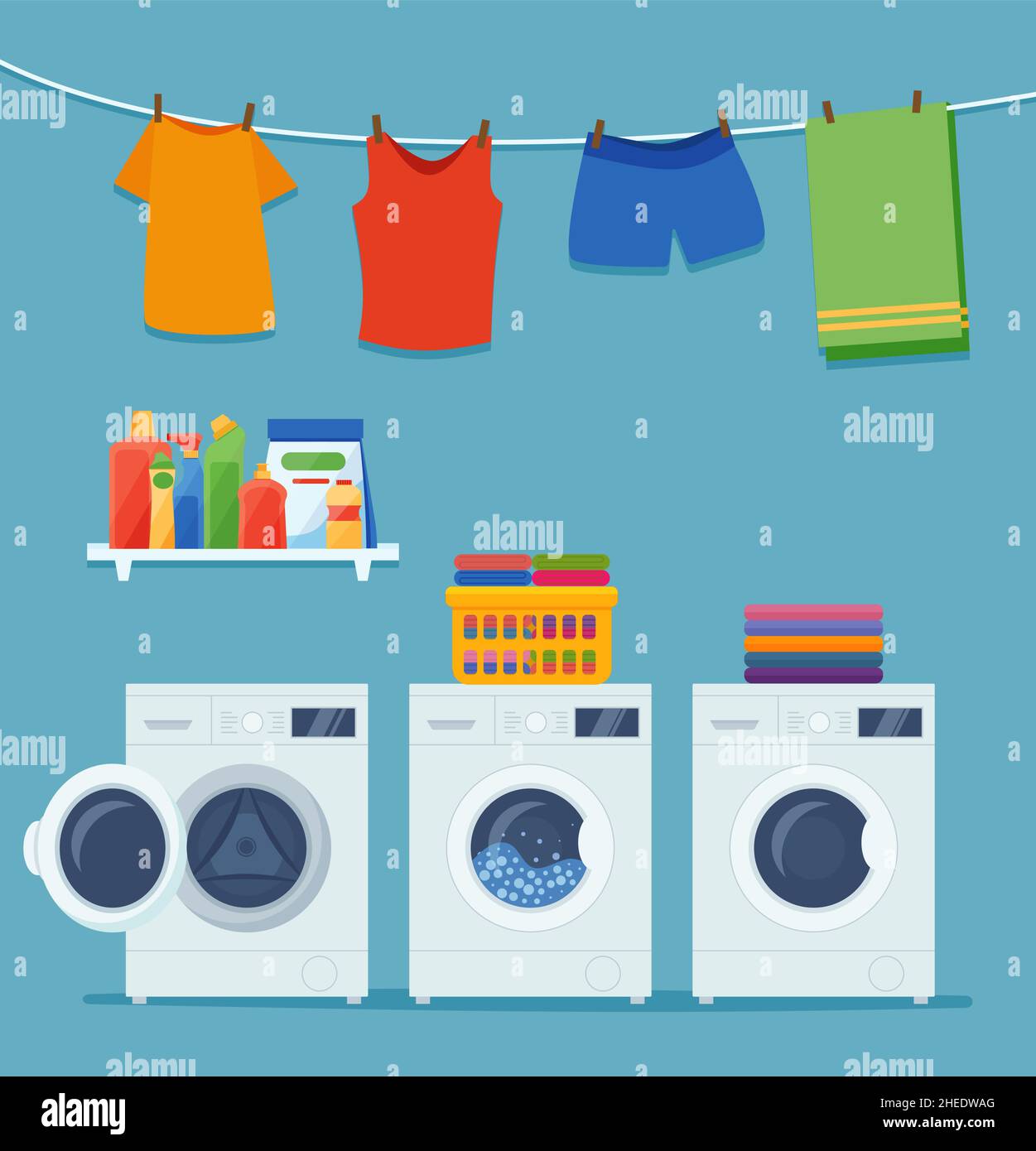 Laundry room interior with washing machine, clothes and cleaning ...