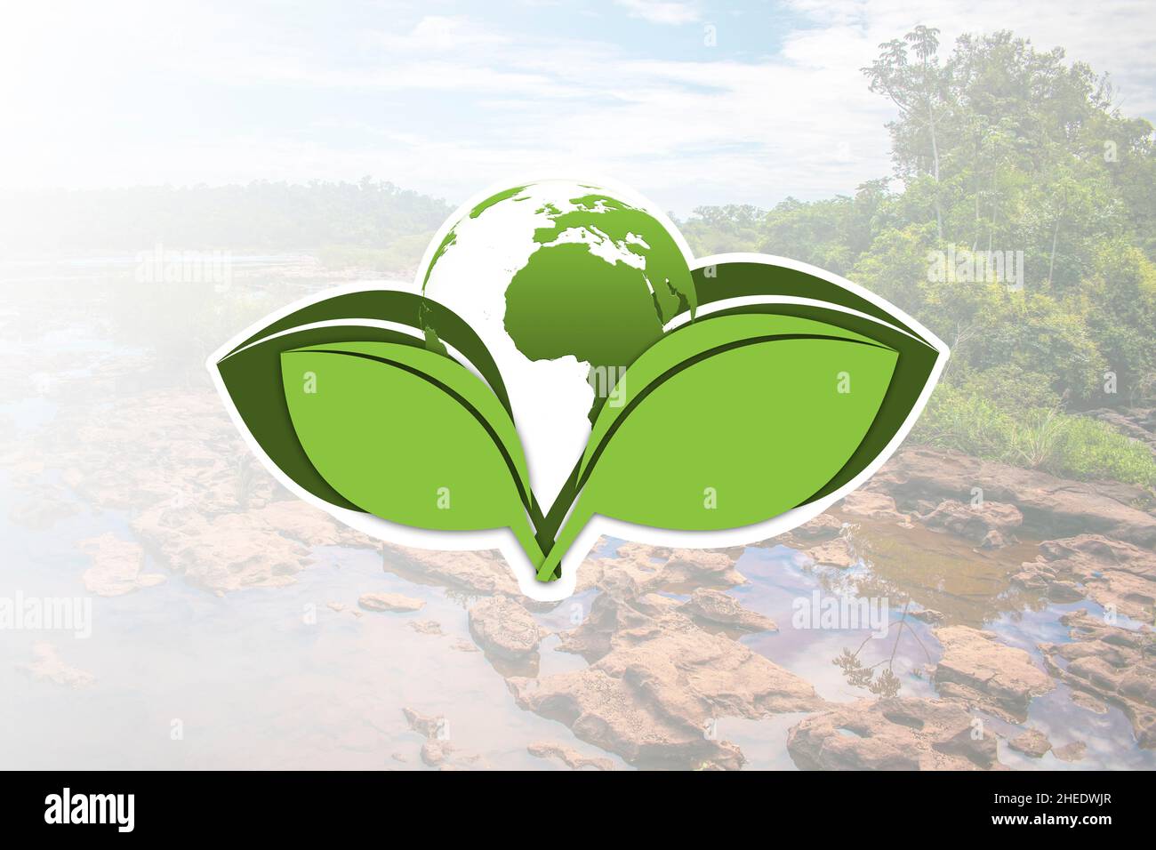 Ecology: Planet and green leaves with natural landscape background ...