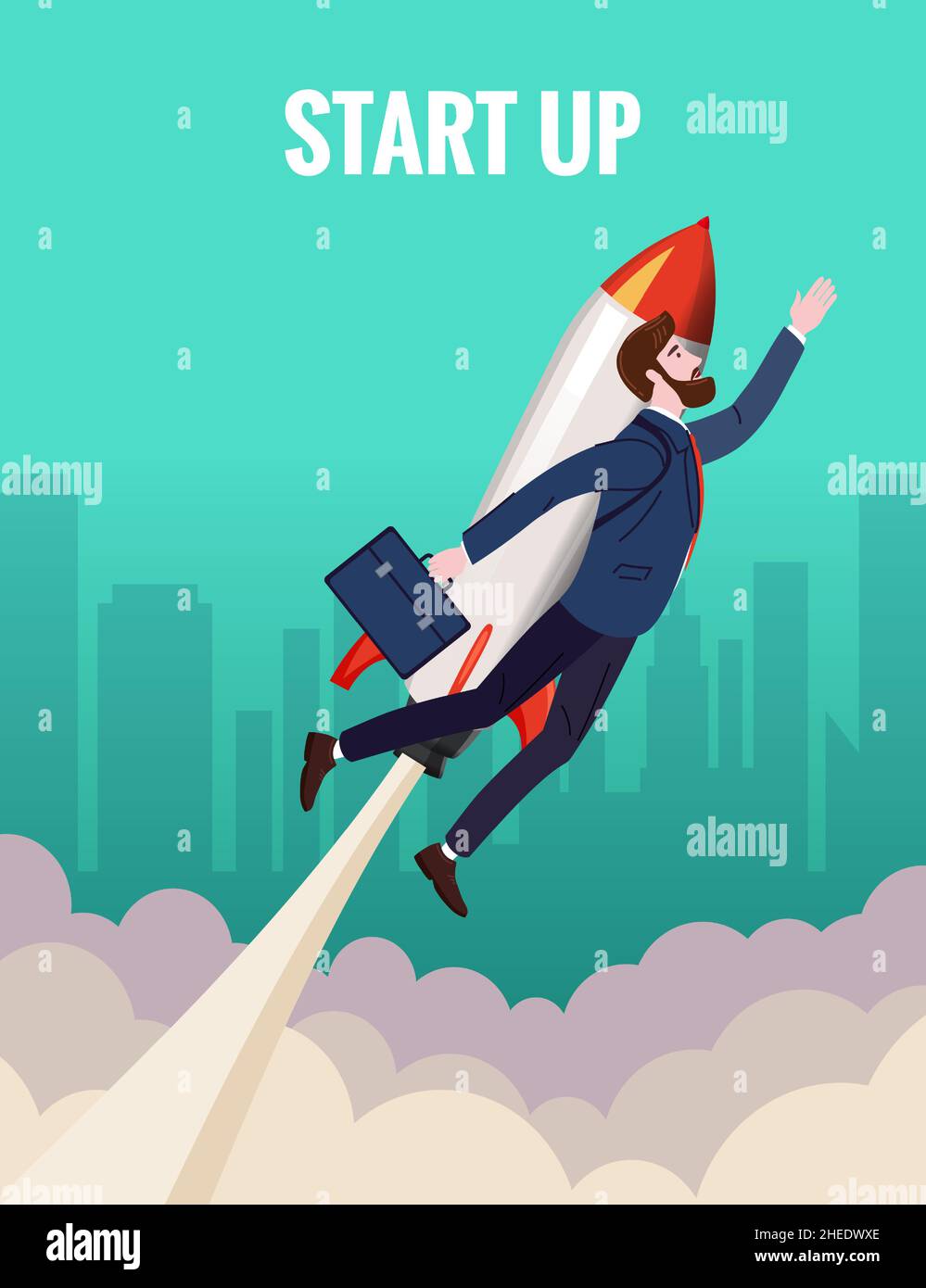 Businessman on a rocket fly through sky. Start up, goal achievement ...