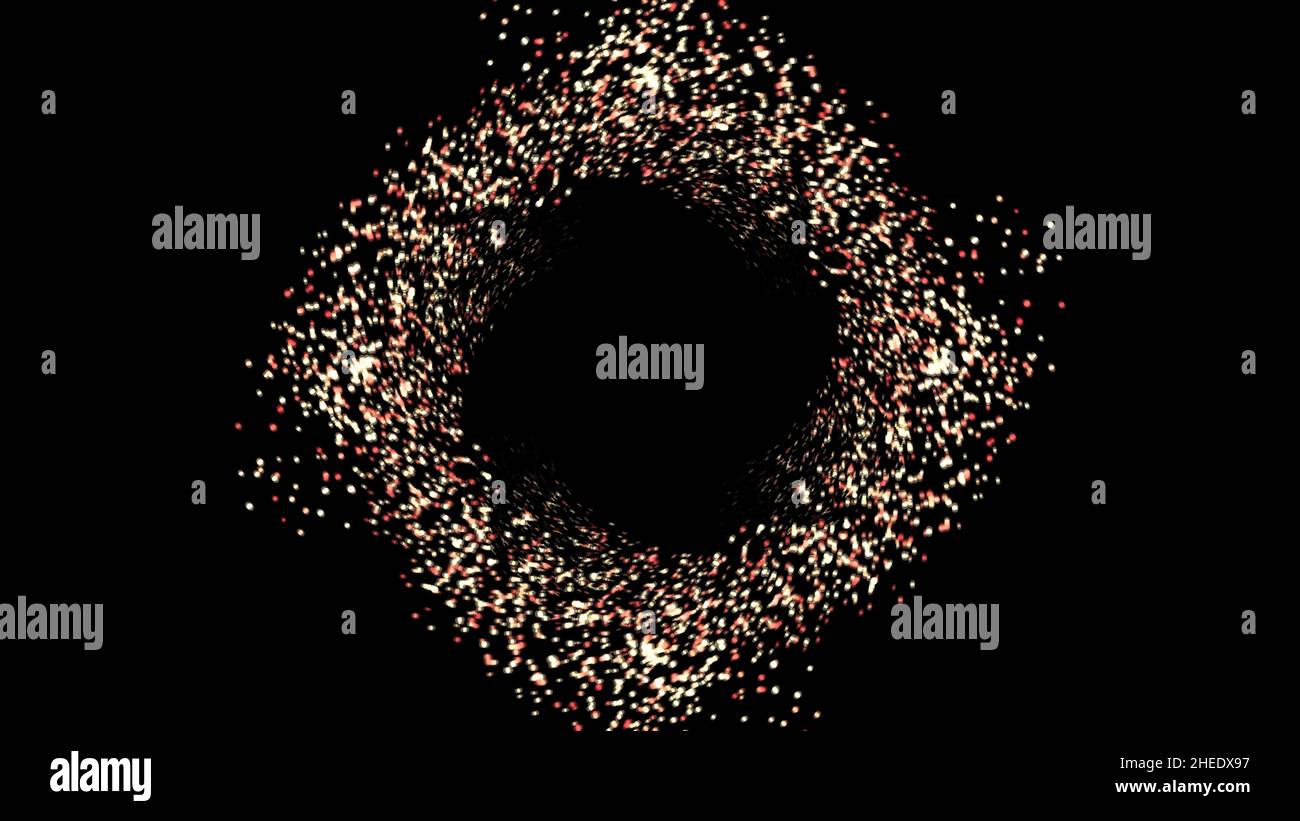 Flowing spiral particle field, swirling dots on black background. Space ...