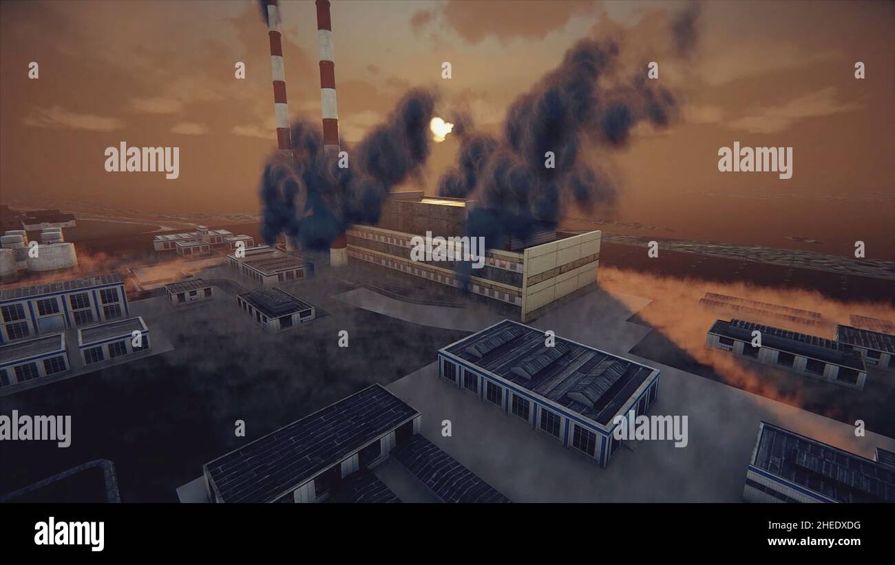 The smoking chimneys of the plant and abstract factory in thick smog ...