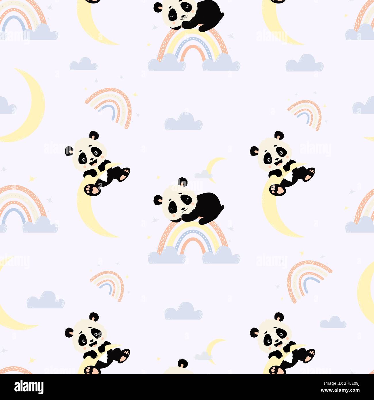 Seamless pattern with pandas. Cute sleeping panda on rainbow with ...