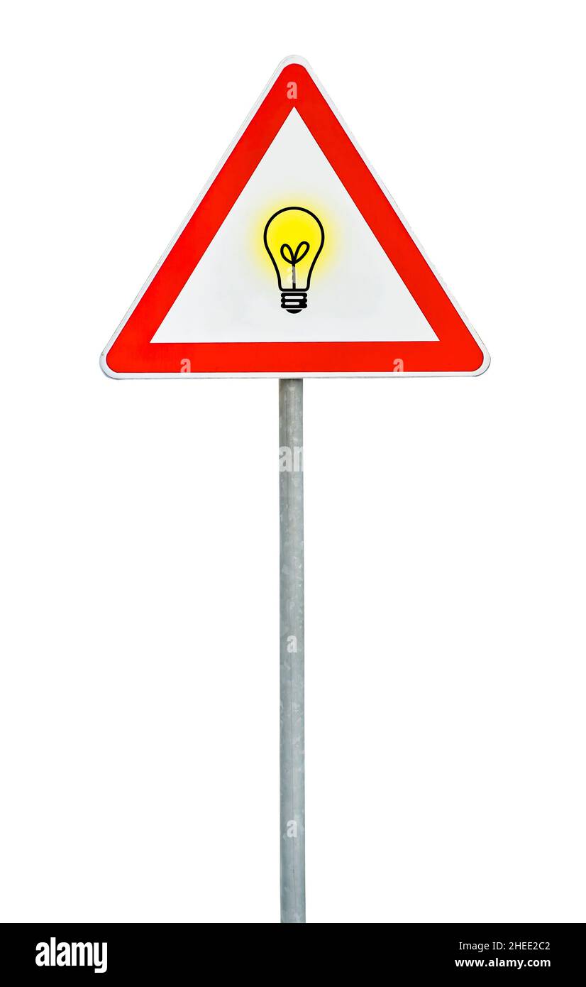 Triangle road sign electirc bulb Stock Photo - Alamy