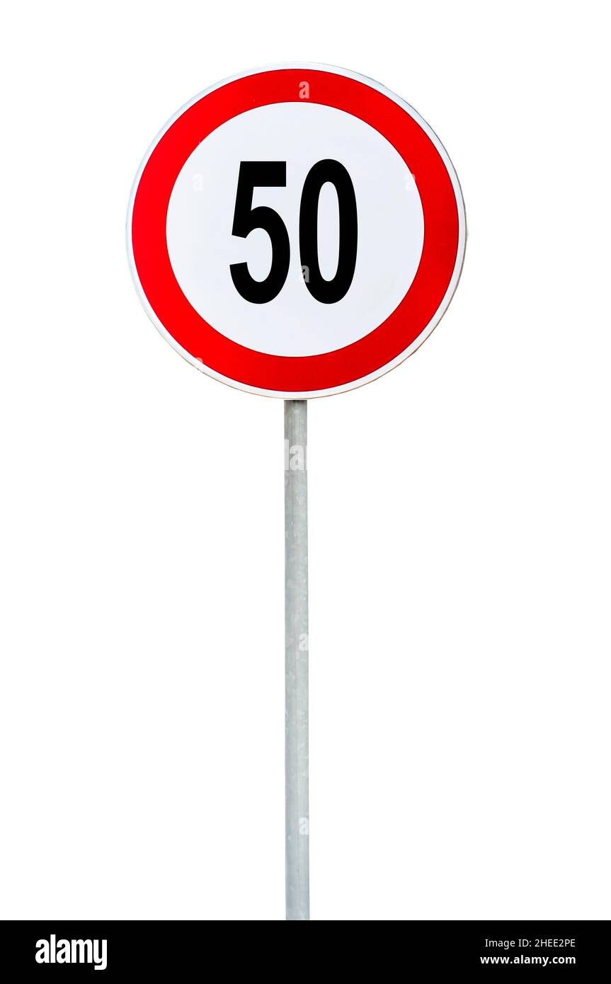 Round speed limit road sign isolated on white Stock Photo - Alamy