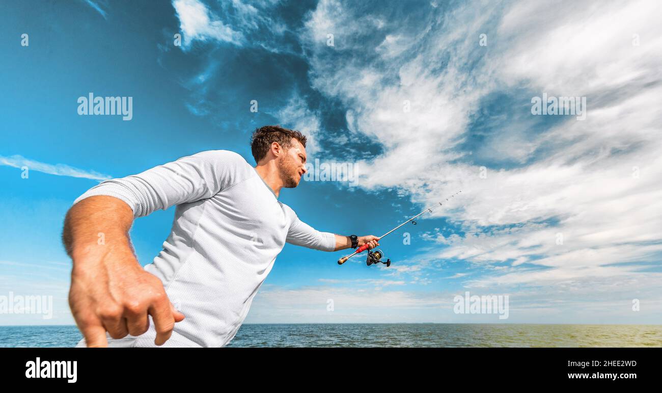 Fishing man casting line recreational activity during summer. Fisherman ...
