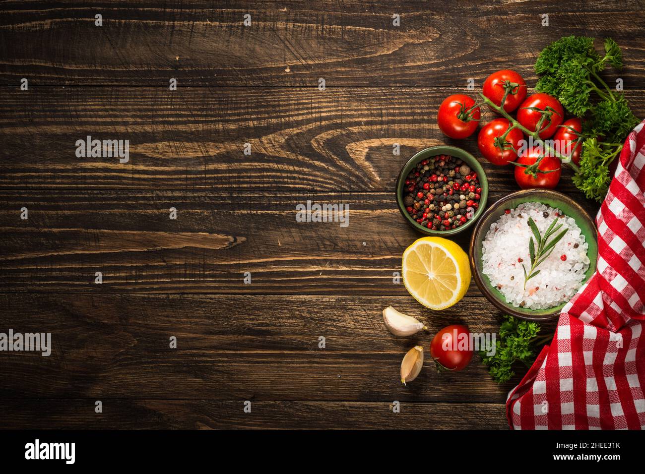 Food cooking background on wooden kitchen table Stock Photo - Alamy