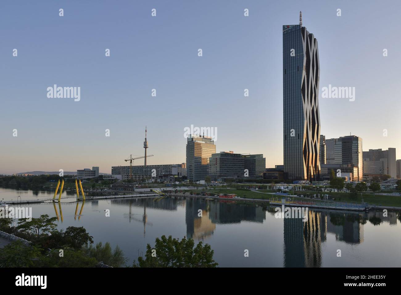 DC Tower 1 - modern landmark skyscraper reflecting in river Danube at ...