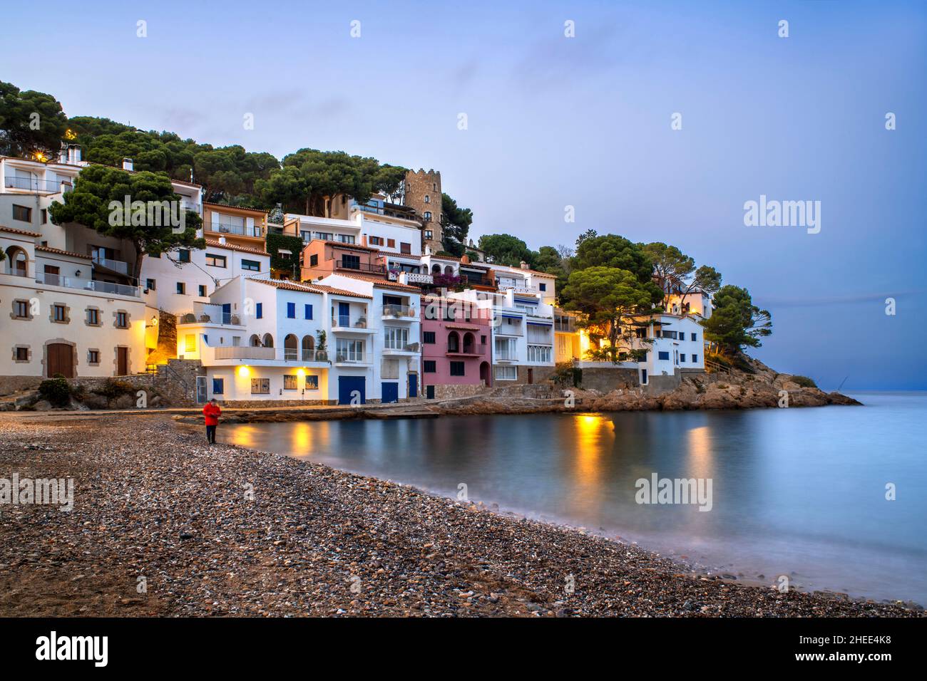 Houses and fishing boats by the sea, Sa Tuna beach in Begur, Costa ...