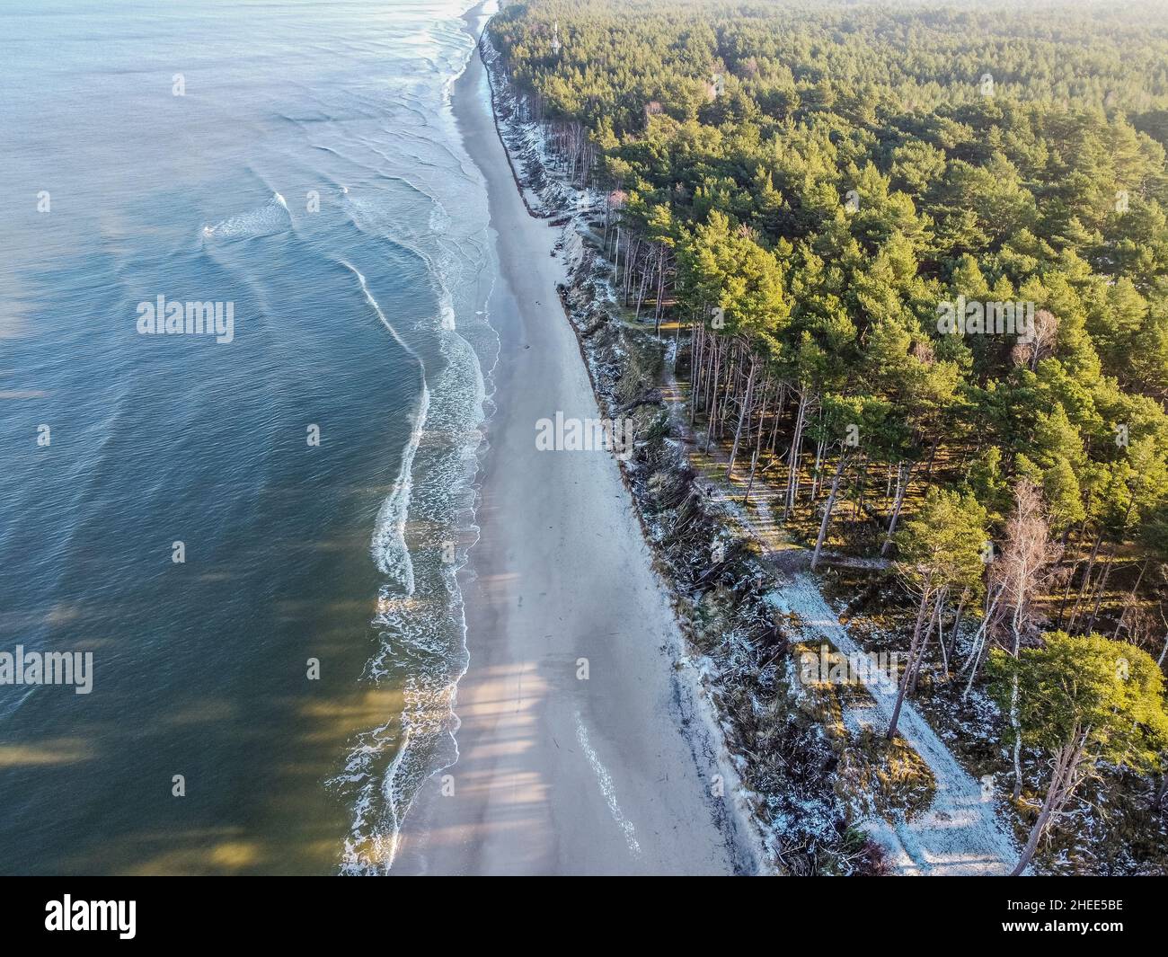 Lubiatowo, Poland Jan. 9th, 2022 Aerial view of the Baltic sea coast in ...