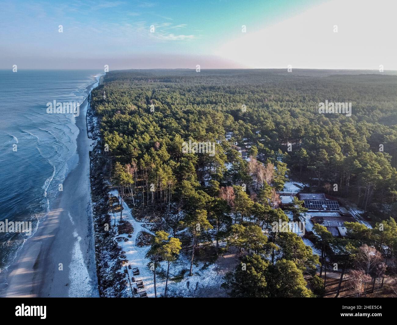 Lubiatowo, Poland Jan. 9th, 2022 Aerial view of the Baltic sea coast in ...