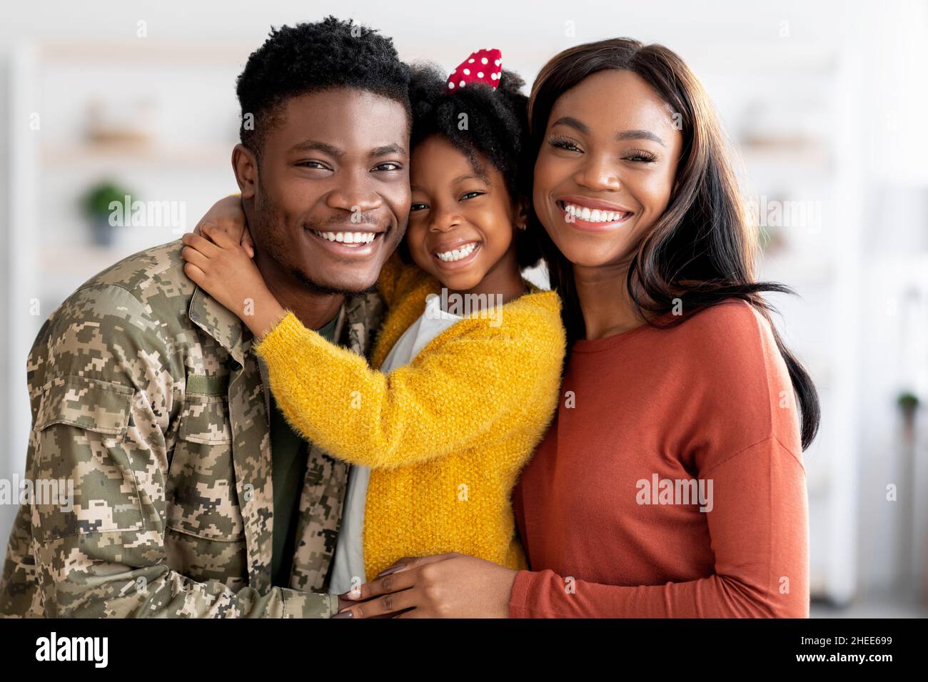 Portrait Of Happy Military Family, Black Soldier Father, Wife And ...