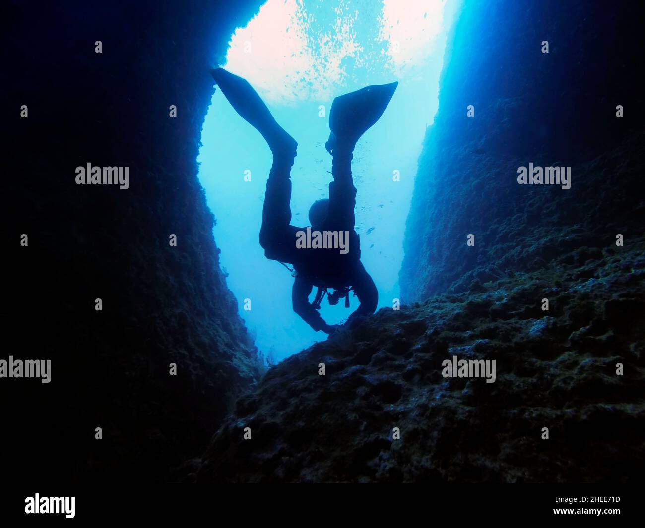 Scuba Diver in Underwater Cave, Medes Islands, Costa Brava, Girona ...