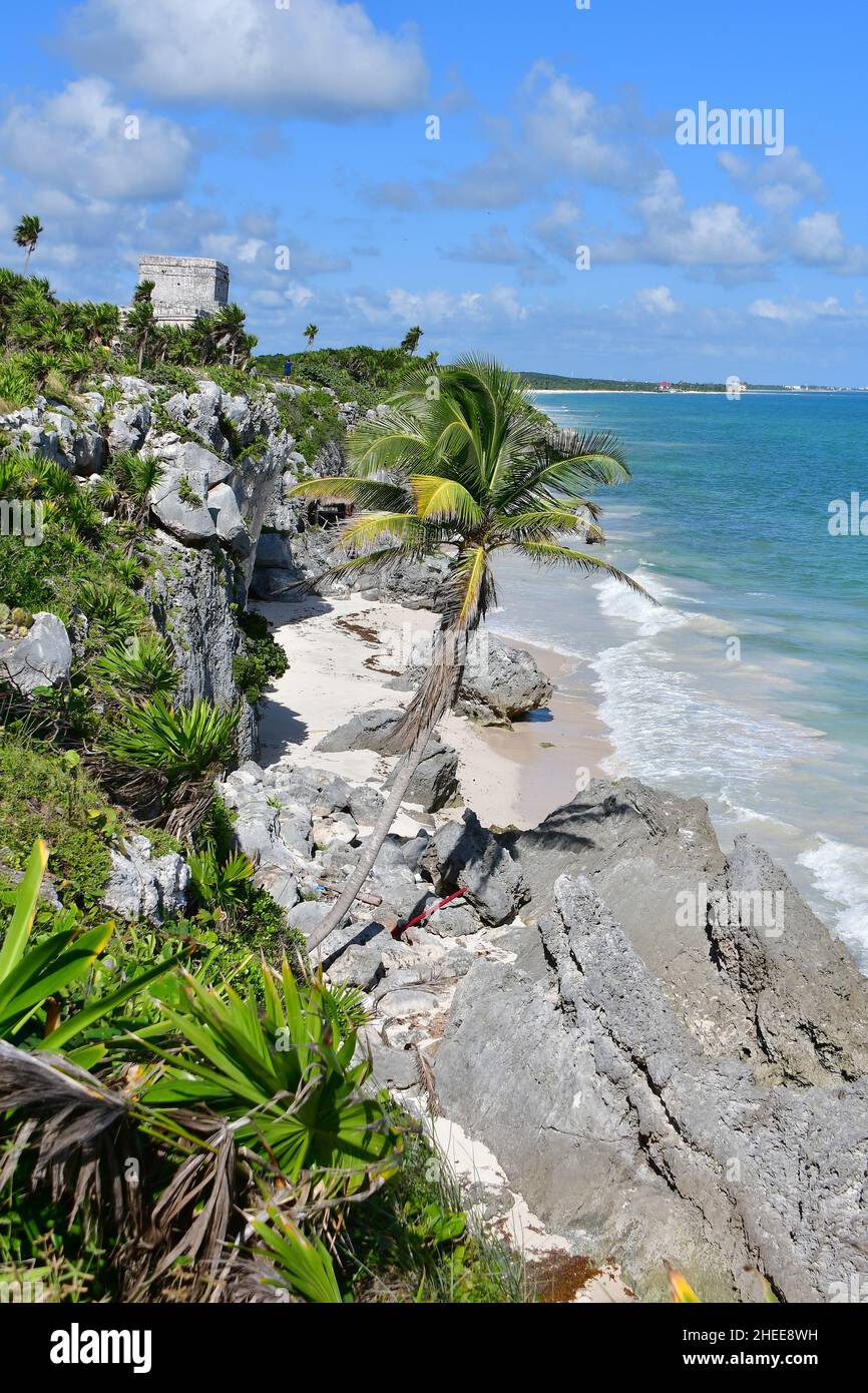 Caribbean beach at archeological site, Tulum, Quintana Roo, Yucatán ...