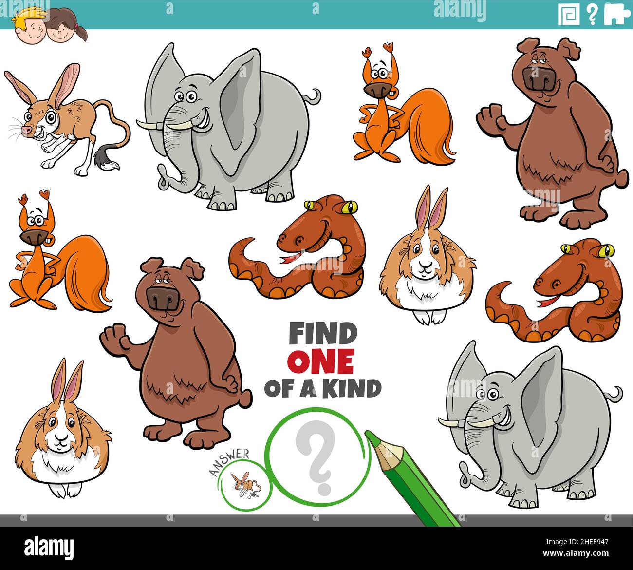 Cartoon illustration of find one of a kind picture educational game ...