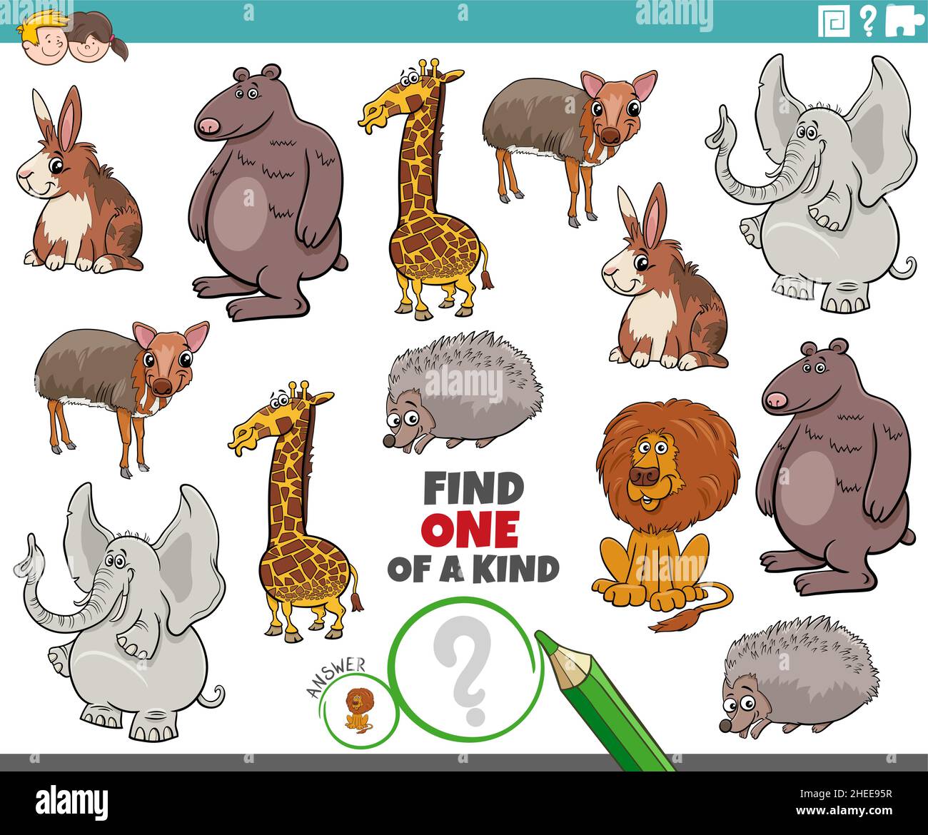 Cartoon illustration of find one of a kind picture educational game ...