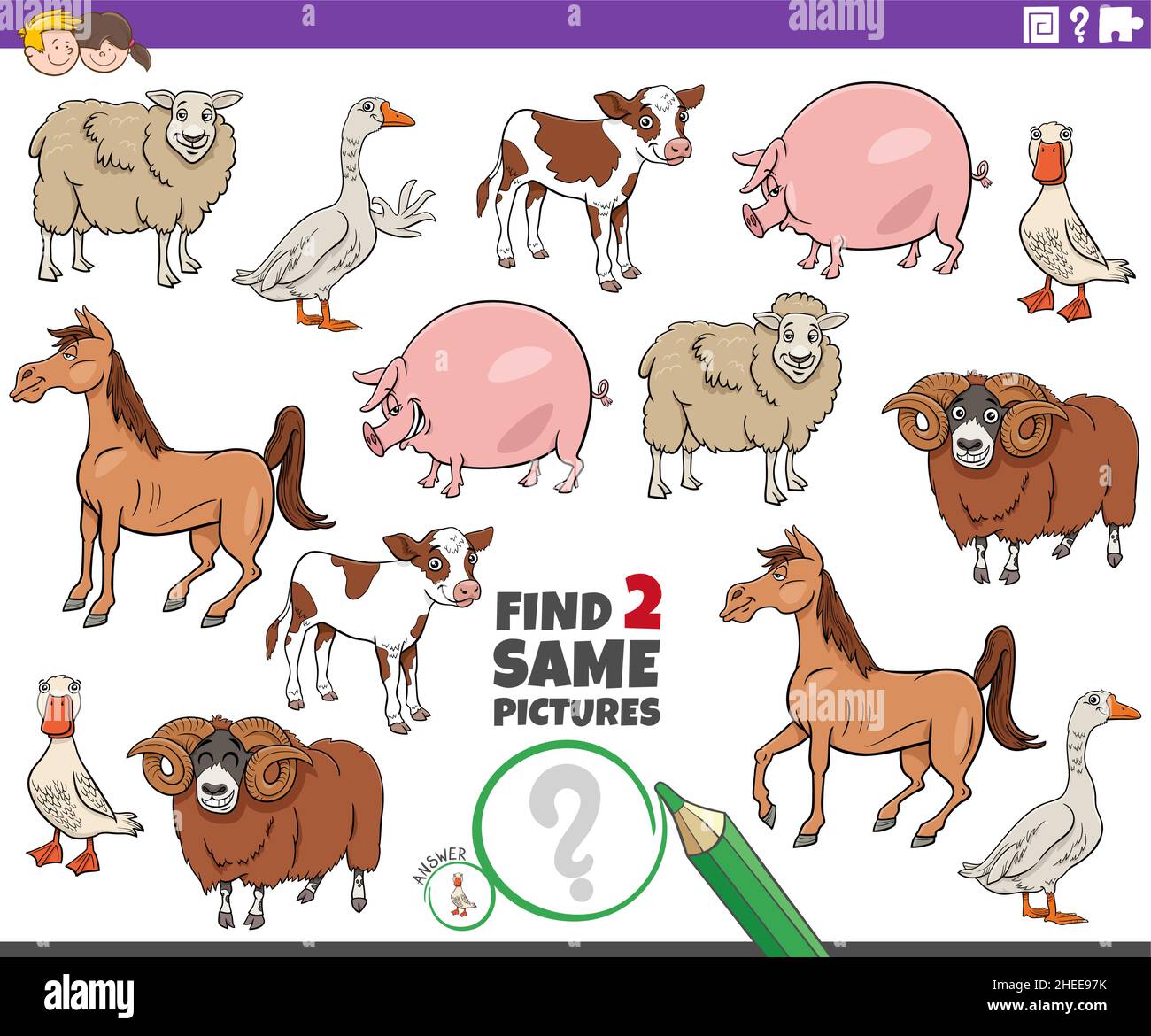 Cartoon illustration of finding two same pictures educational game with ...