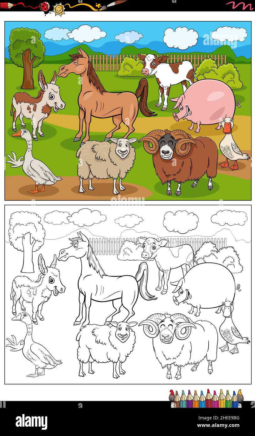 Cartoon illustration of farm animals comic characters group coloring ...