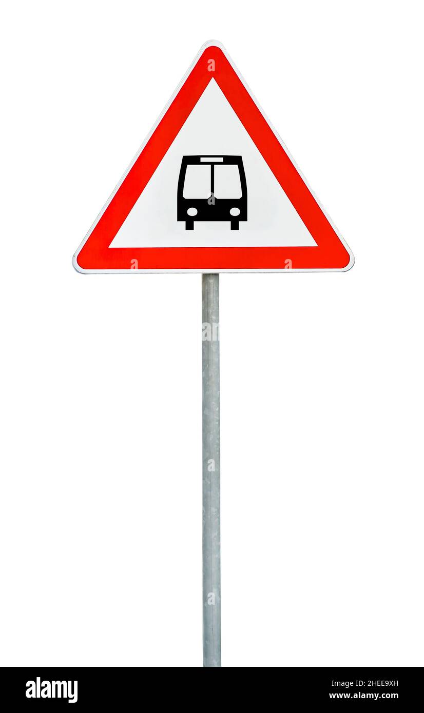 Triangle on rod road sign bus stop Stock Photo - Alamy
