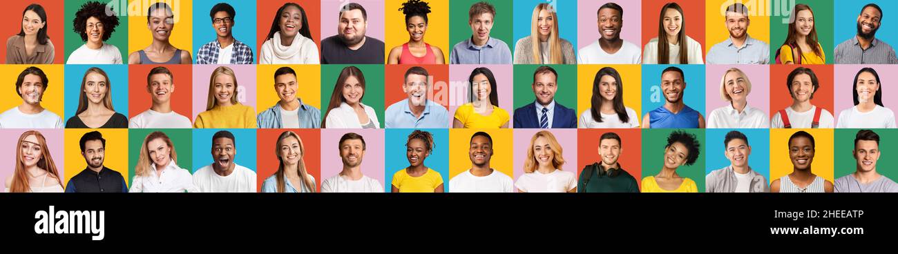 Smiling multiracial men and women posing on colorful backgrounds ...