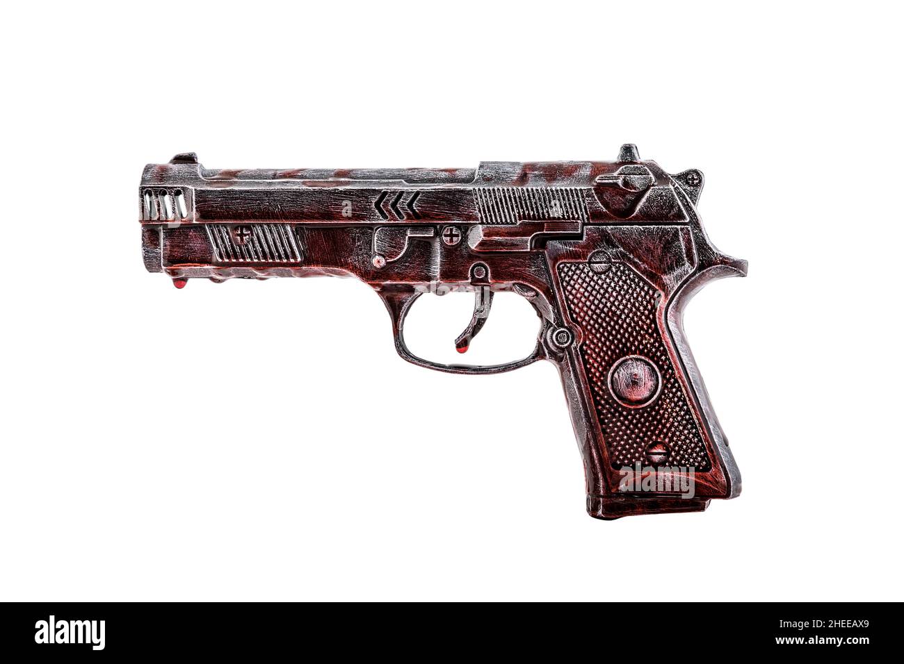 Old black gun in red blood isolated on white background with clipping ...