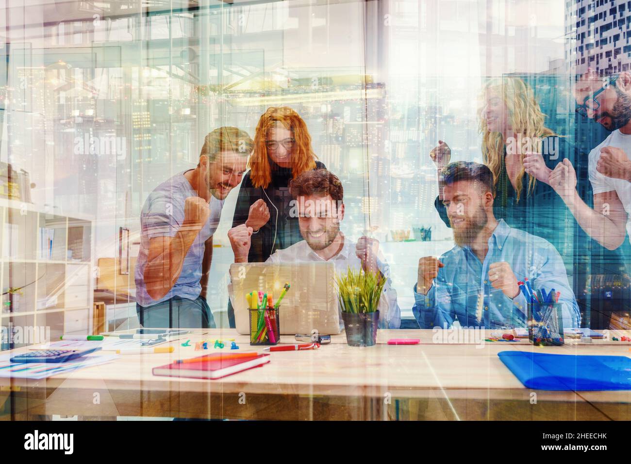 Business people are happy for the company trend and the success of the ...