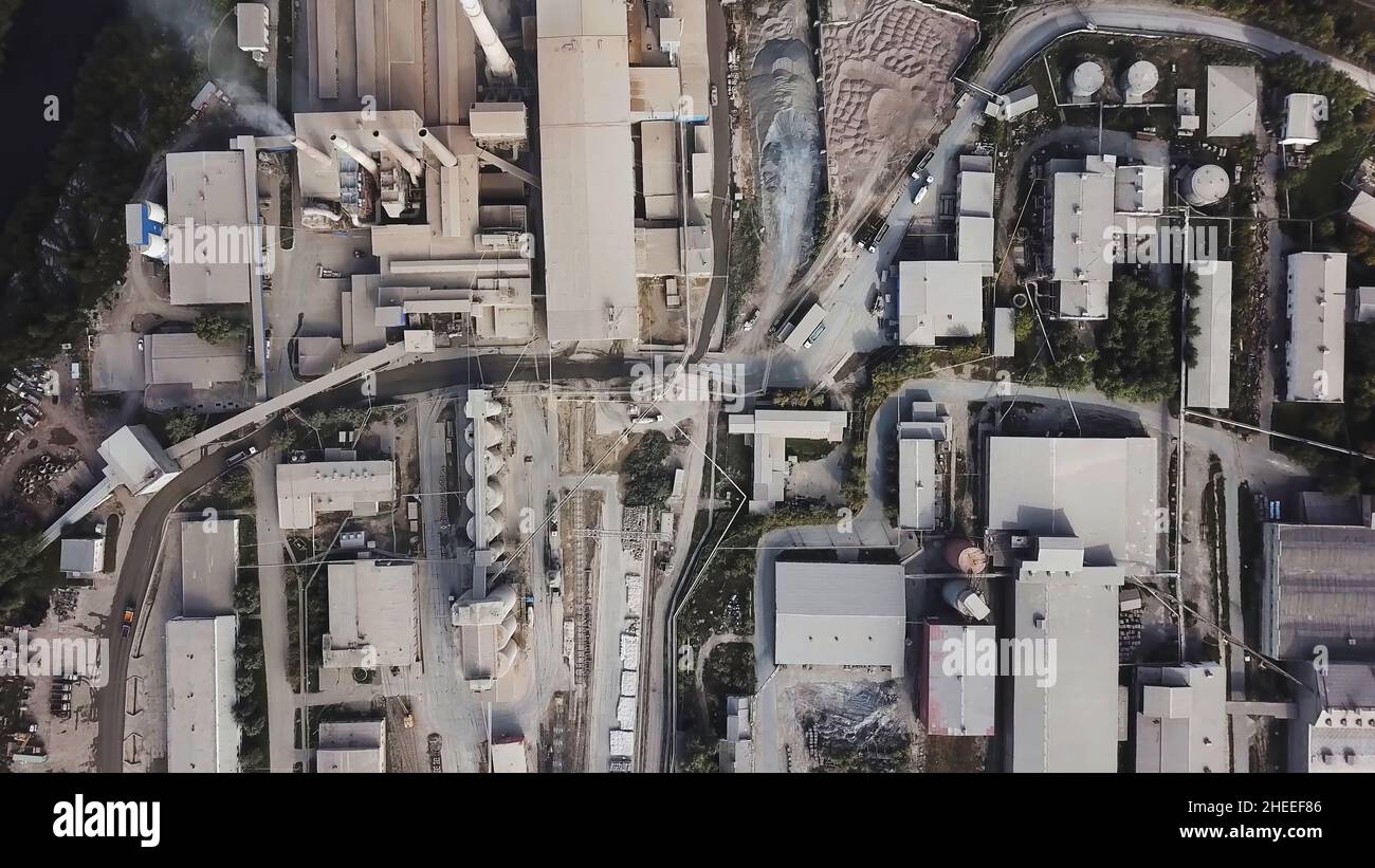 Aerial top view of buildings and materials warehouse in the industrial ...