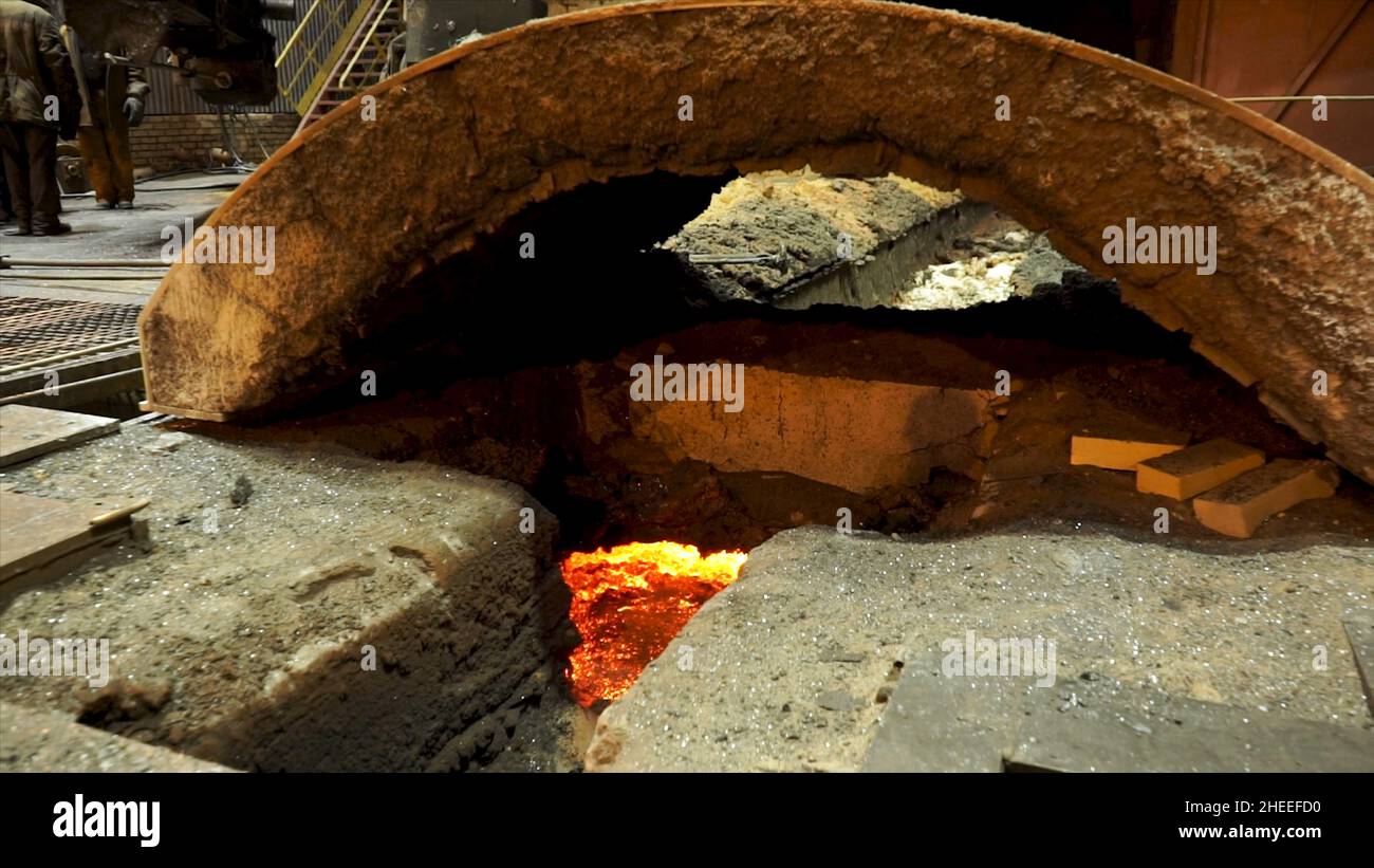 Close up for the blast furnace with molten steel inside, heavy industry ...