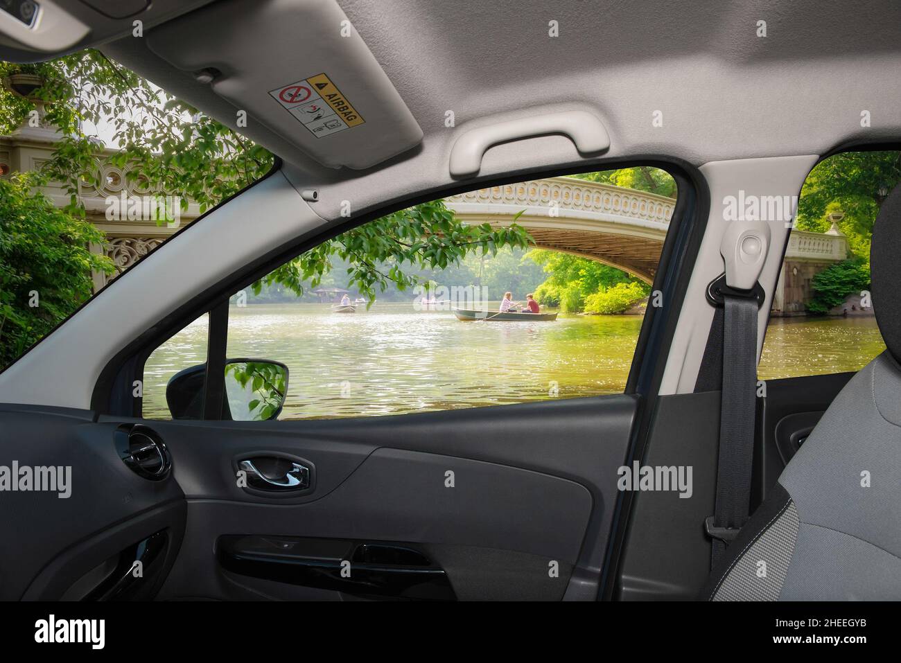 Looking through a car window with view of Central Park, Manhattan, New ...
