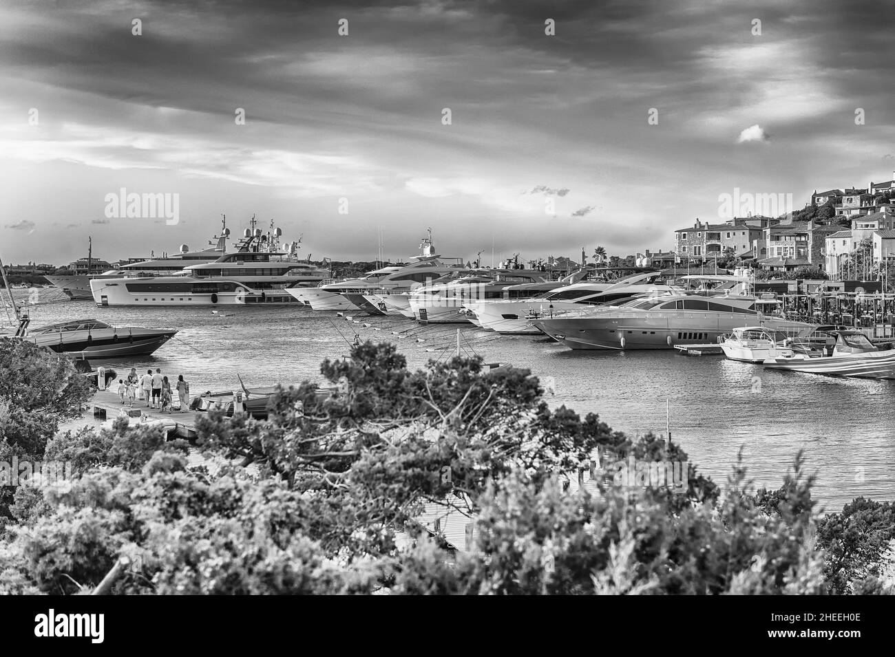 View of the harbor with luxury yachts of Porto Cervo, Sardinia, Italy ...