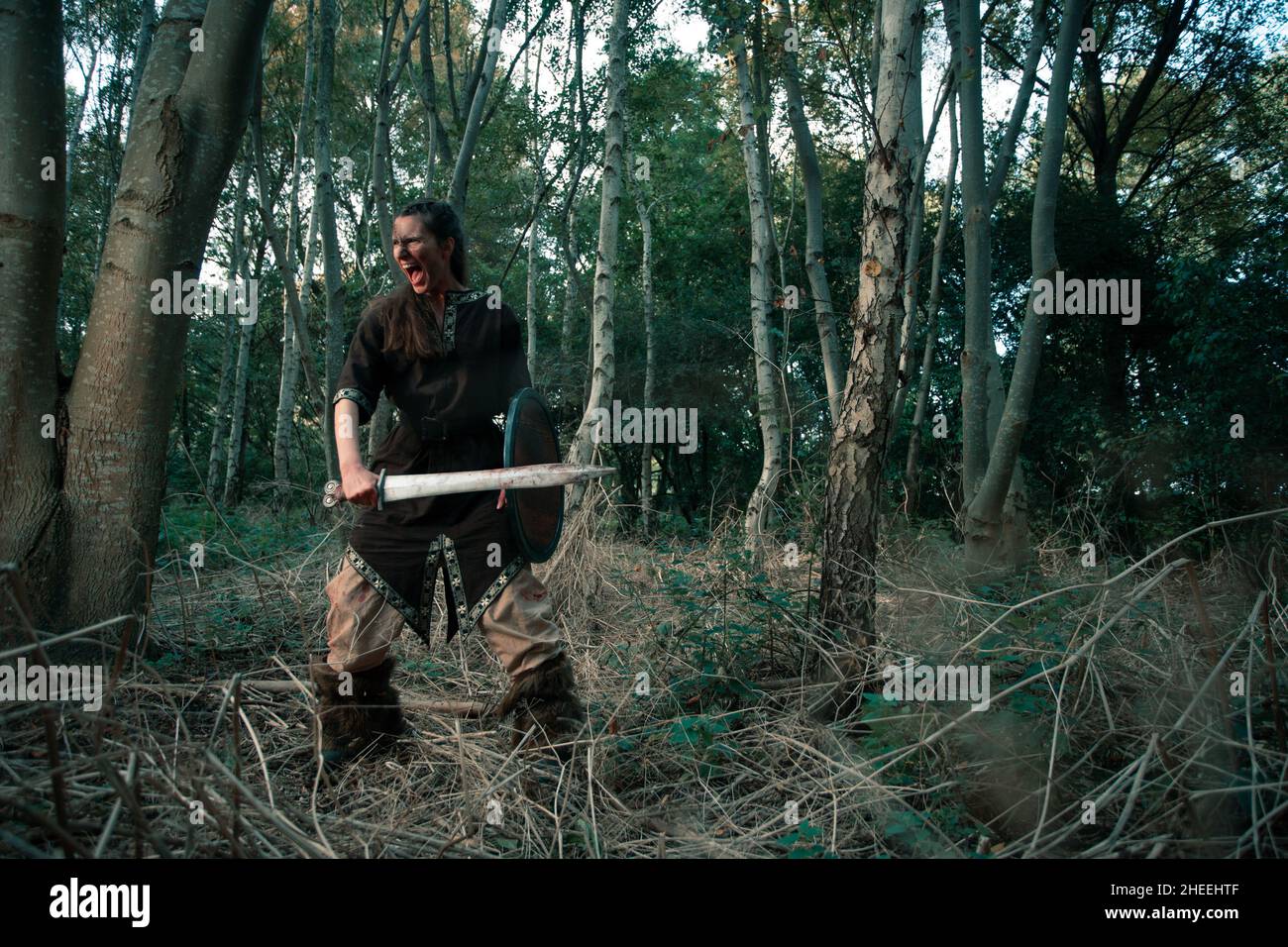 Furious Woman with sharp dagger and shield covered with blood screaming ...