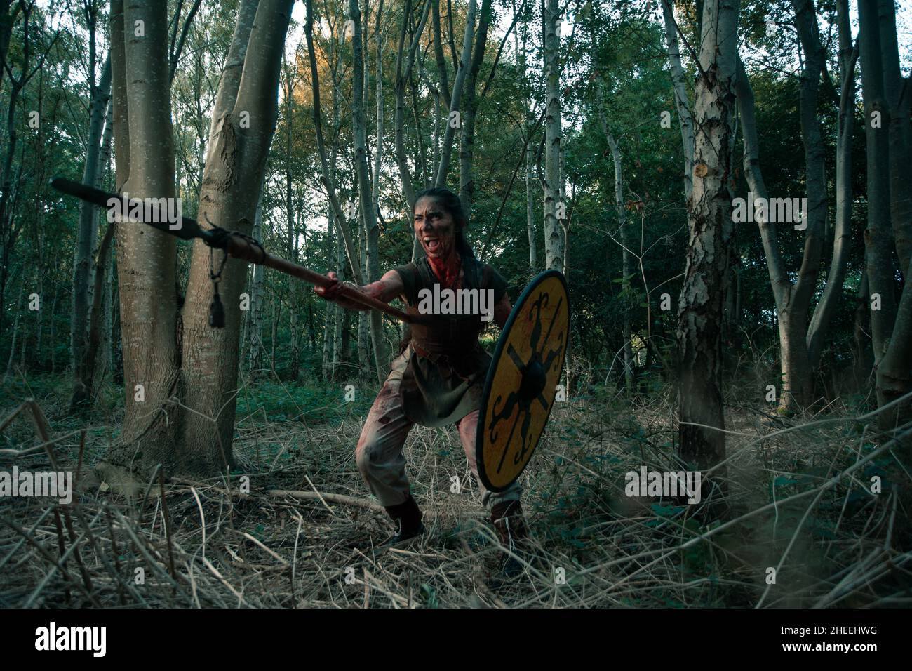 Angry female viking screaming with rage while outstretching hand with ...