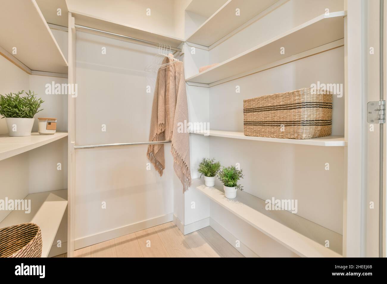 Modern wardrobe with small decorative potted green plants and wicker ...