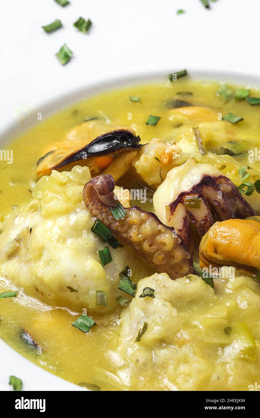 Close up of dish of typical cuisine of the Basque country of monkfish ...