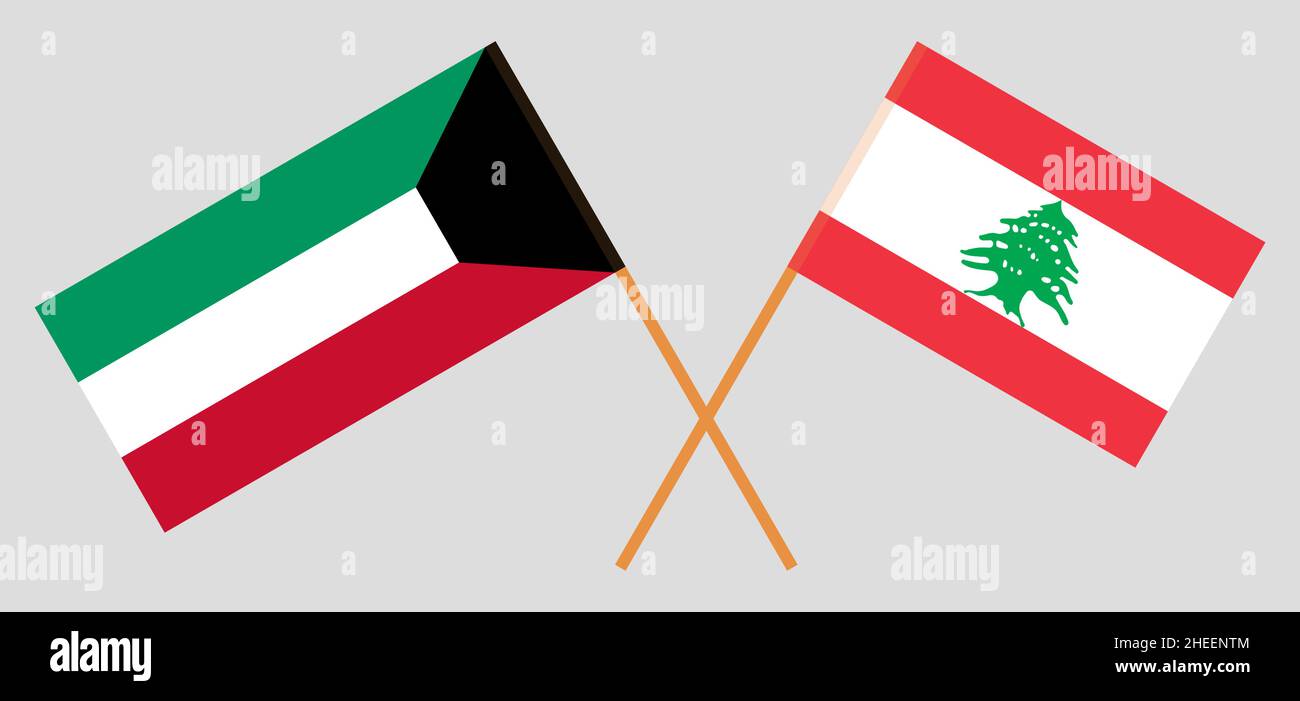 Crossed flags of Lebanon and Kuwait. Official colors. Correct ...