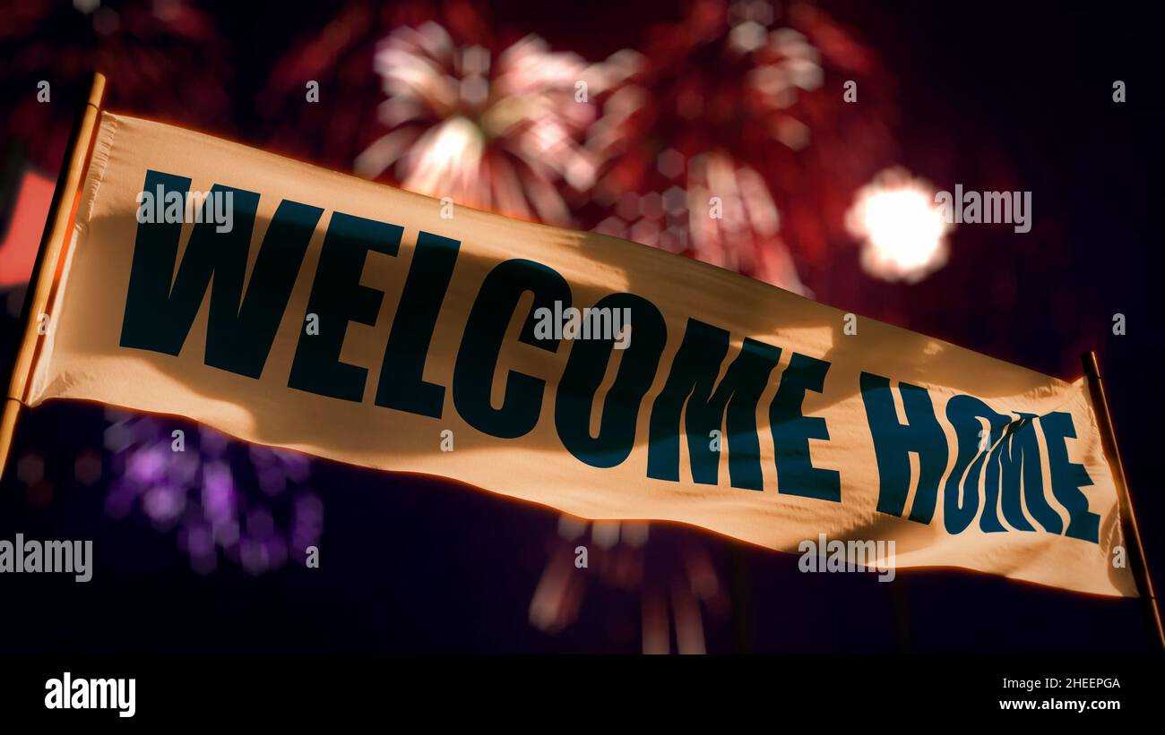 Welcome Home transparency banner on fireworks holiday sky bg - object ...