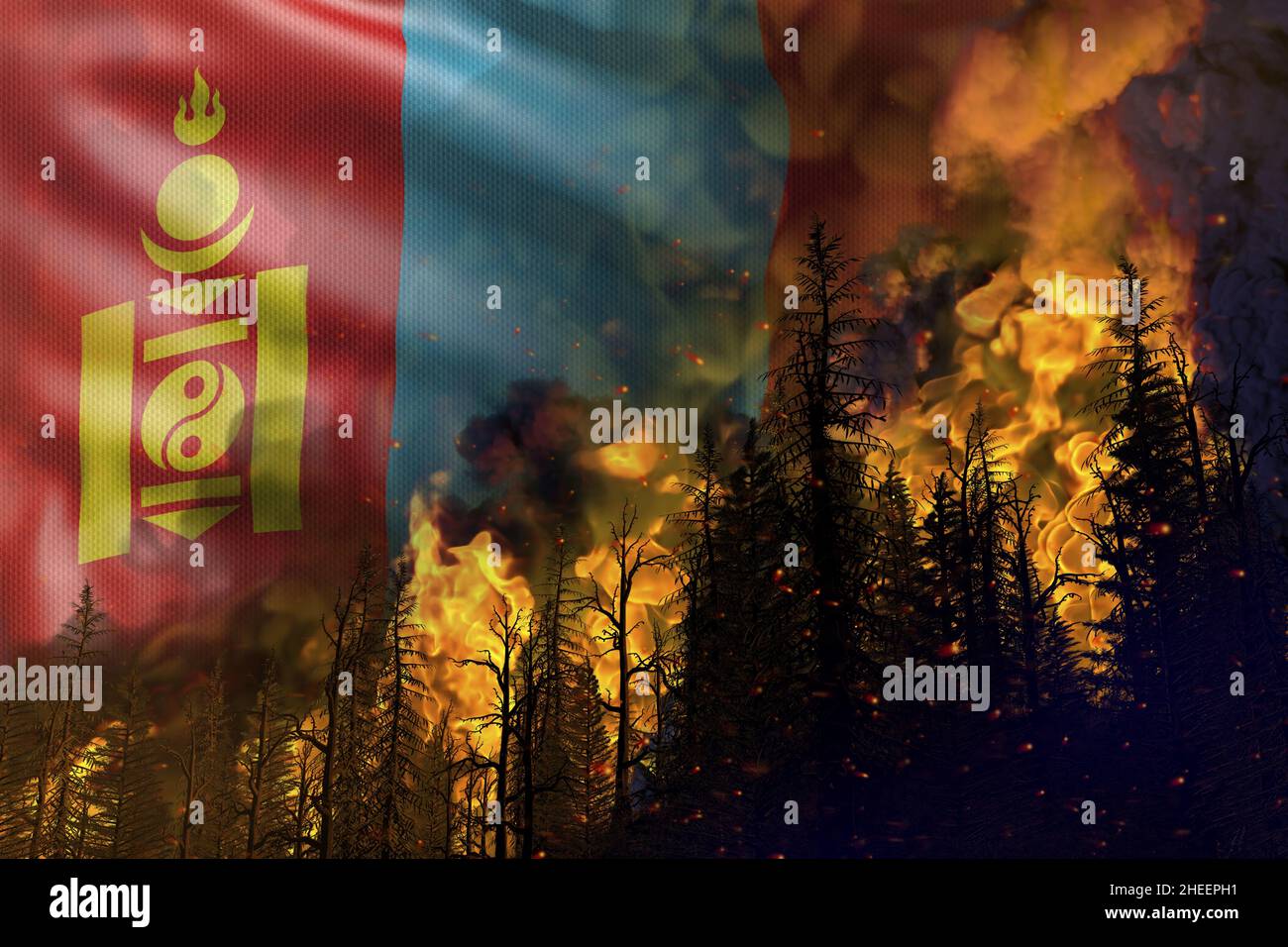 Forest fire fight concept, natural disaster - heavy fire in the woods ...