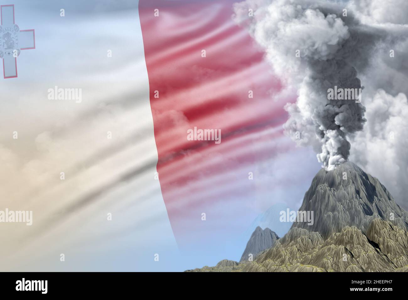 conical volcano eruption at day time with white smoke on Malta flag ...