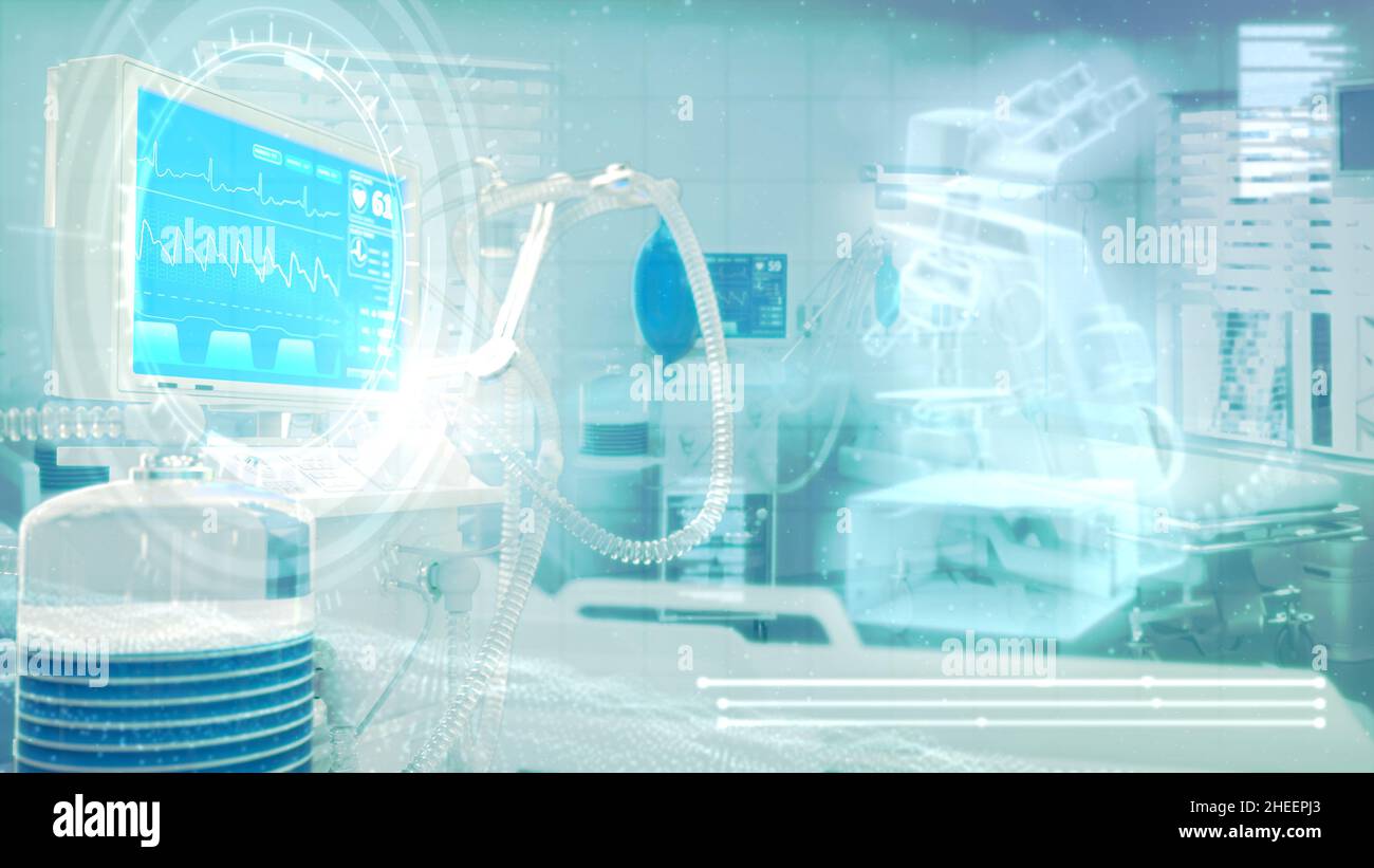 high tech hospital room with digital overlays and scientific microscope ...