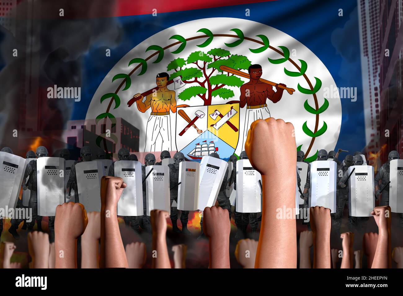 disorder fighting concept - protest in Belize on flag background ...