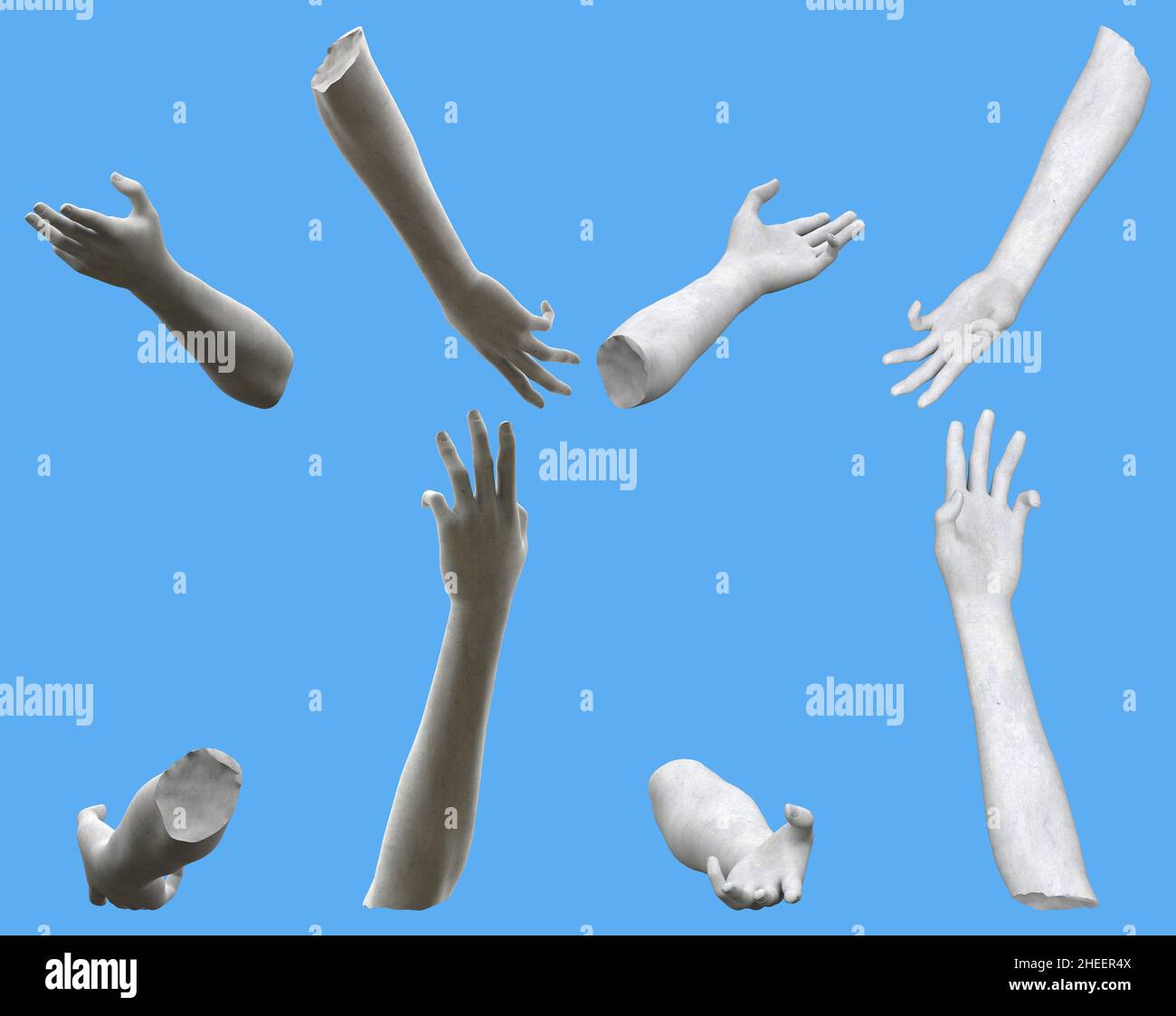 8 grey stone statue hand renders isolated on blue, lights and shadows ...