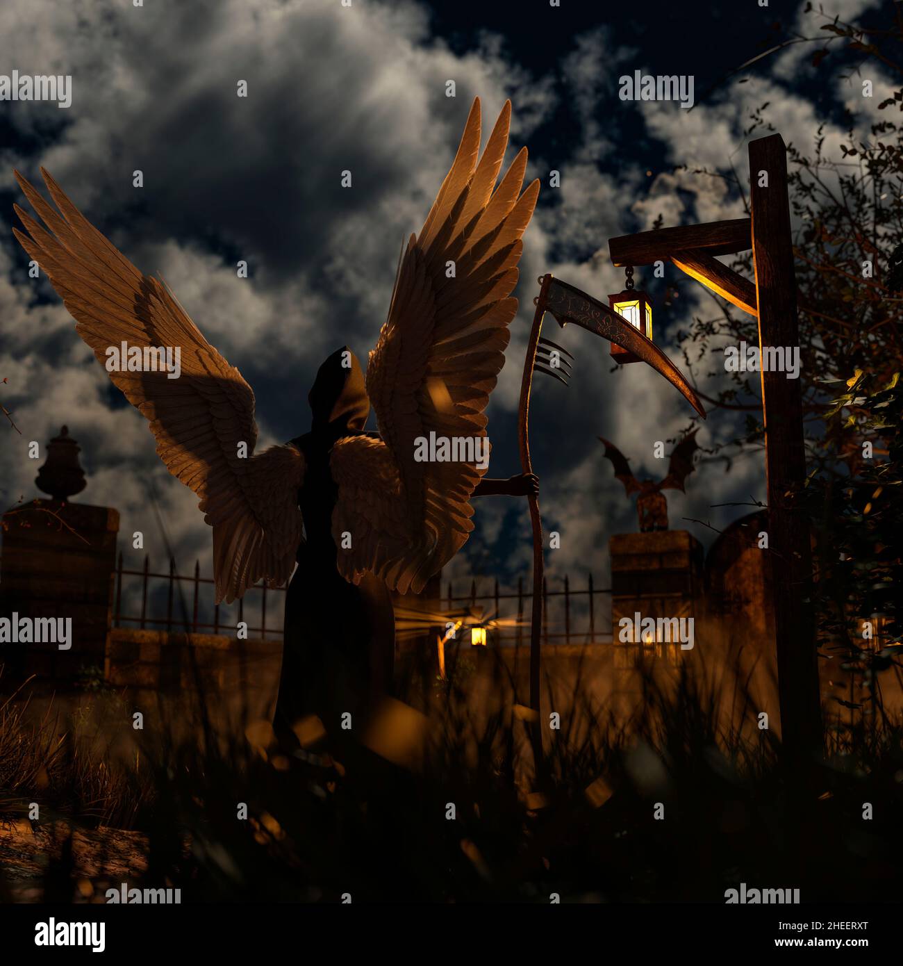 Angel of death in a spooky cemetery at night - 3d rendering Stock Photo ...