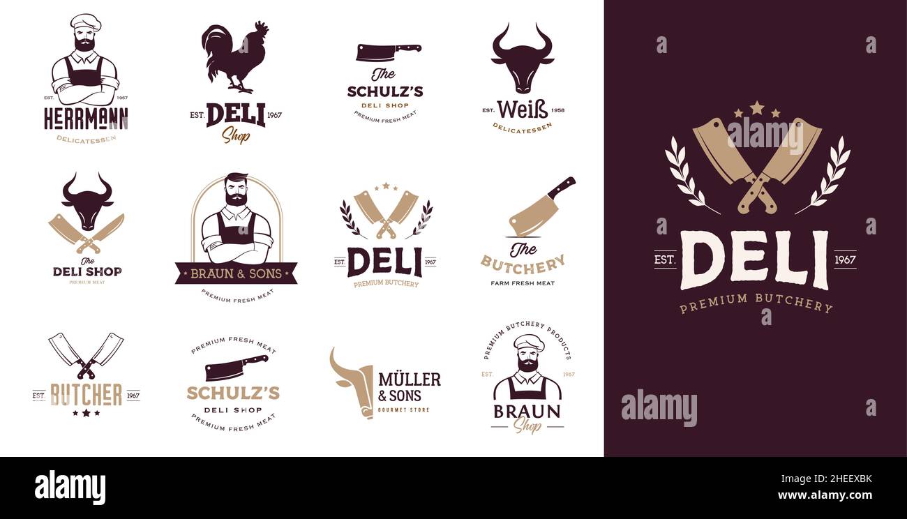 Butcher shop, gourmet, deli store logo design. Hipster butcher, knifes ...