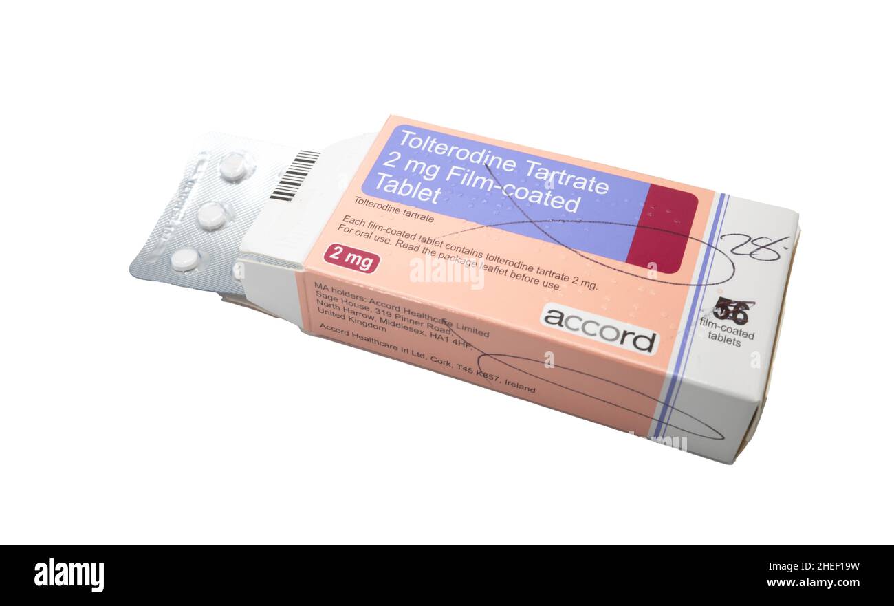 Norwich, Norfolk, UK – January 2022. A box of Tolterodine Tartrate ...