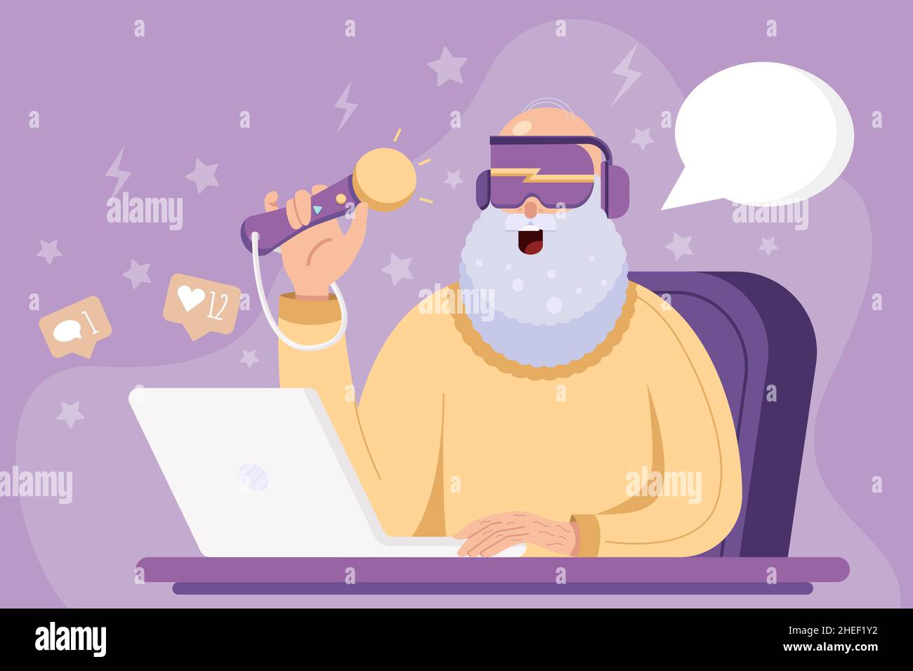 Old man playing video games, elderly gamer with laptop and headphones ...